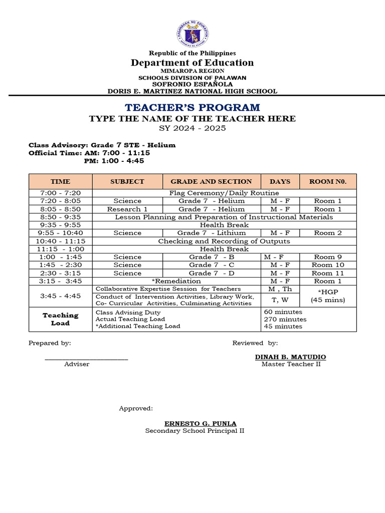 SY 2024 2025 Teachers Class Program | PDF