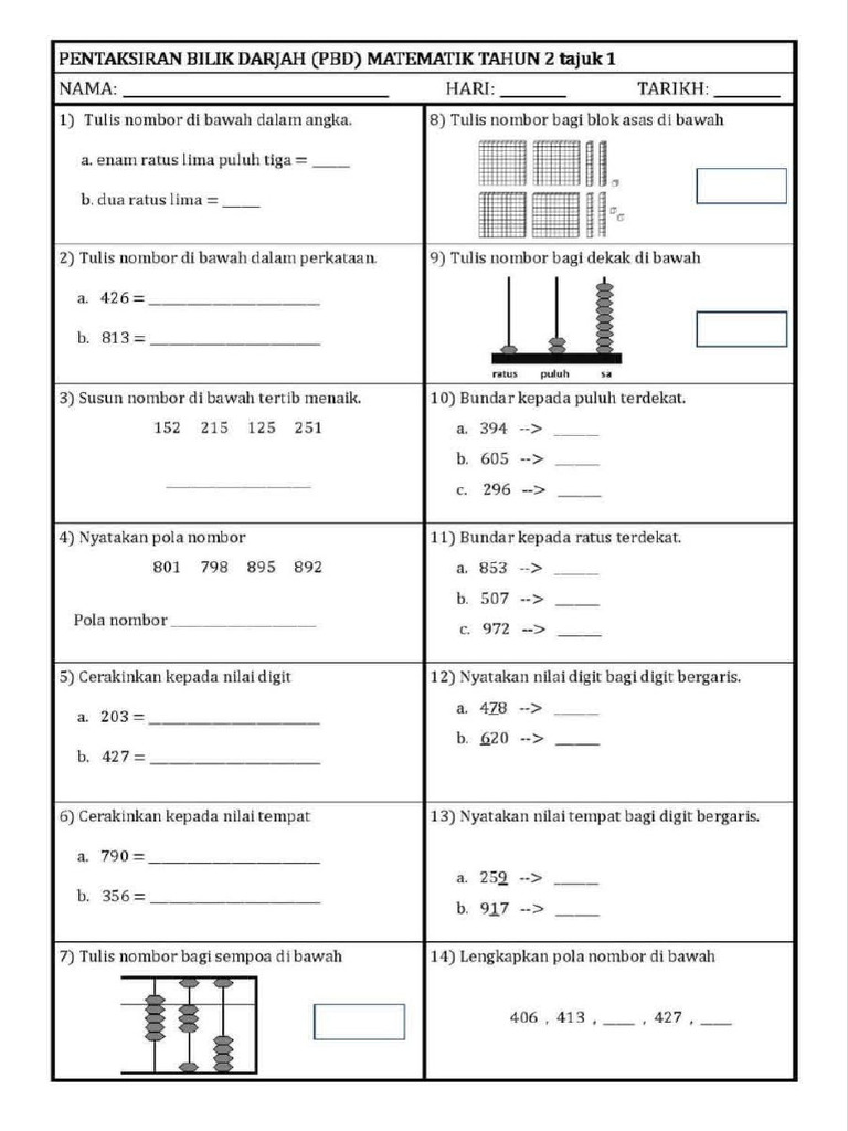 Matematik Tahun 2 Pentaksiran Topikal Tajuk 1 Tajuk 8 | PDF