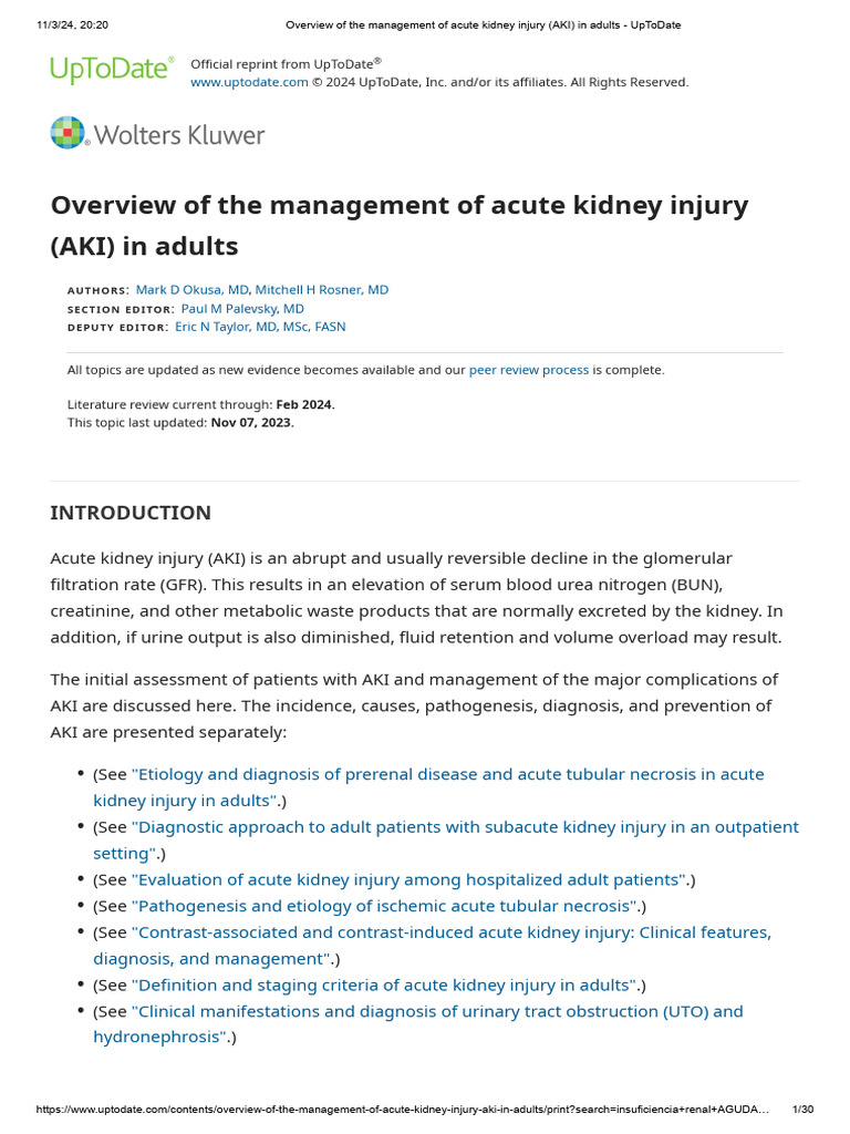 Overview of The Management of Acute Kidney Injury (AKI) in Adults ...