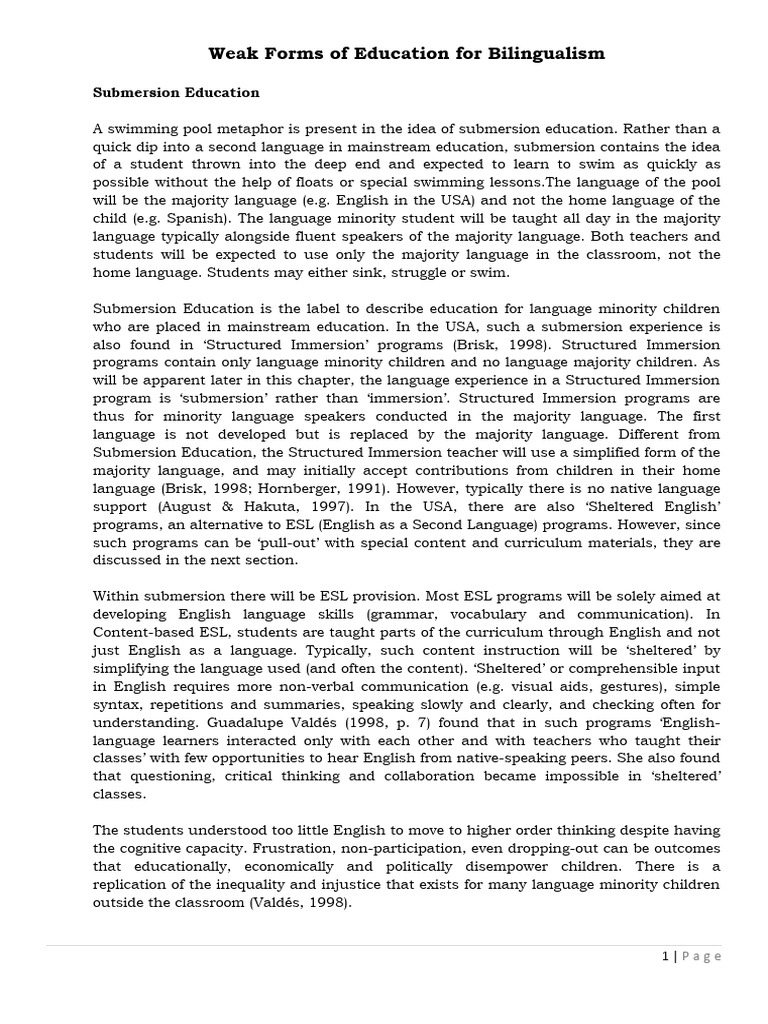 Weak Forms of Education For Bilingualism | PDF | English As A Second Or ...