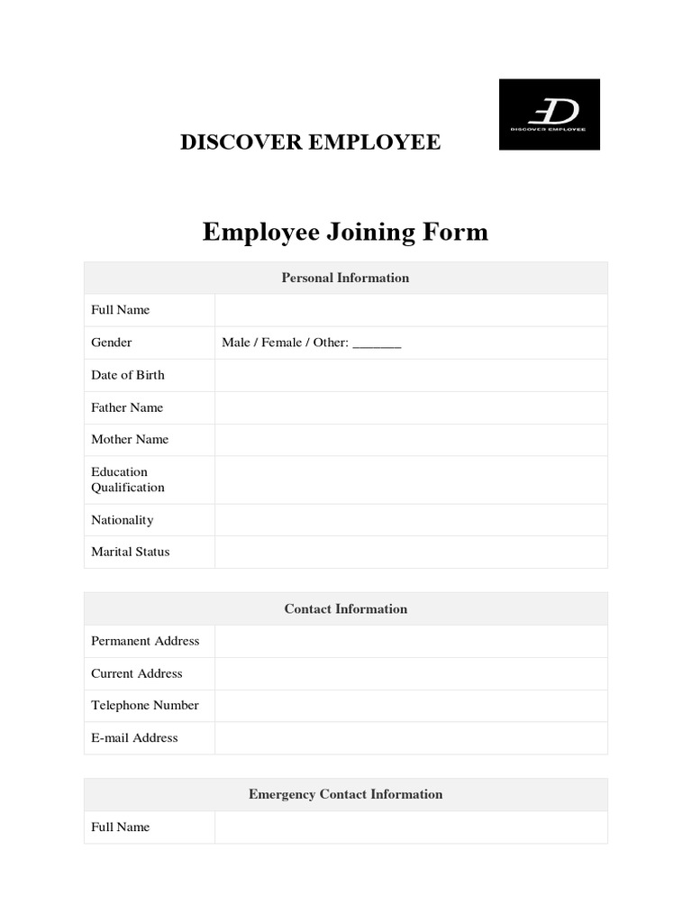 Employee Joining Form - Discover Manpower | PDF | Law