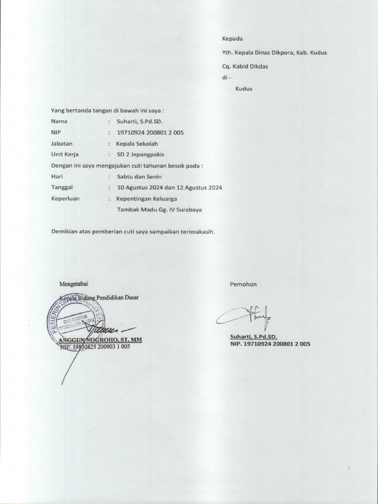 Surat Ijin Cuti Bu Harti | PDF