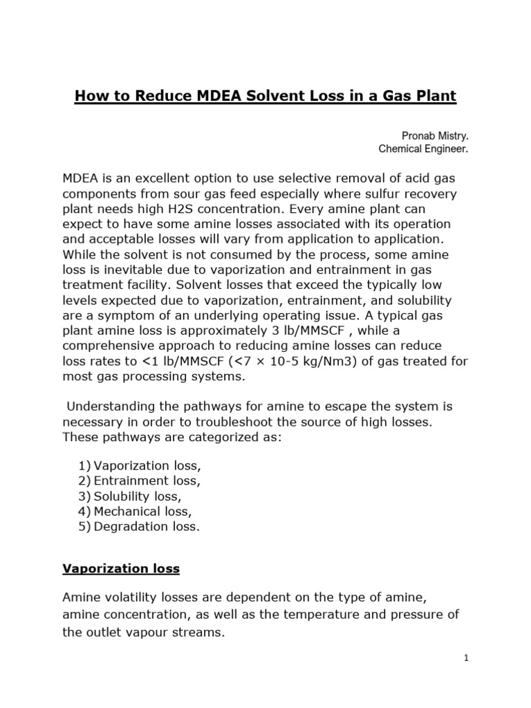 How To Reduce MDEA Solvent Loss in A Gas Plant | PDF | Materials ...