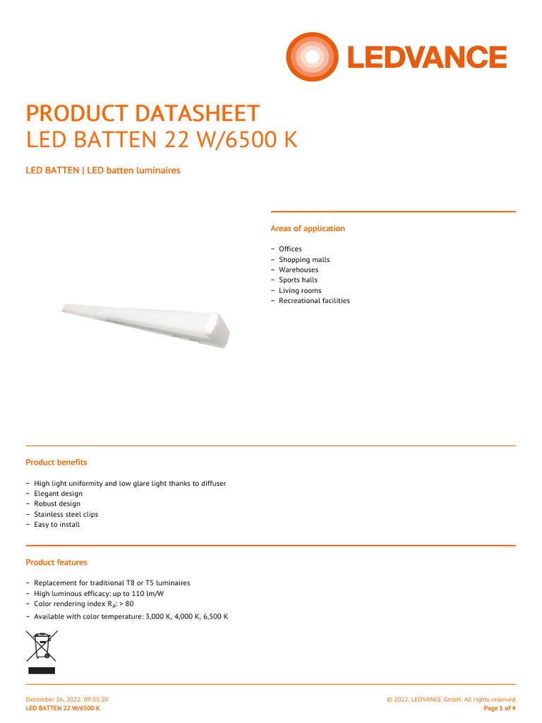 LED BATTEN 22 W 6500 K en | PDF | Metrology | Electricity