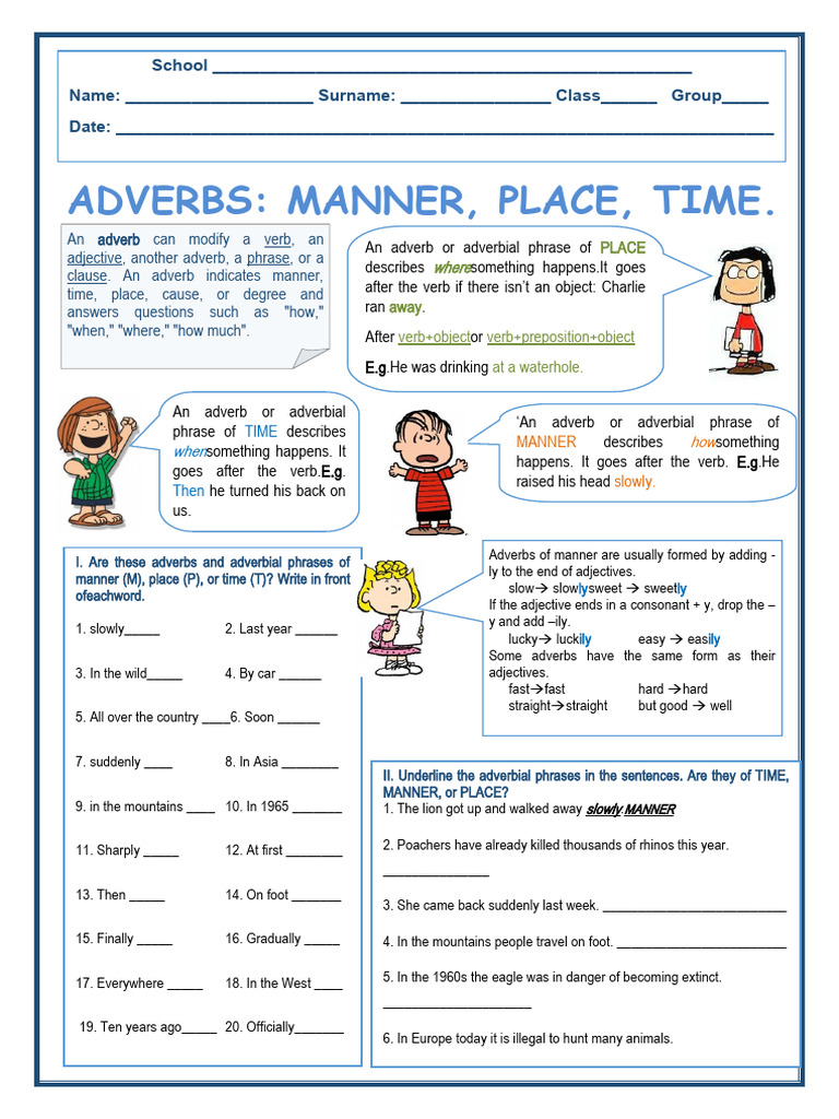 Adverbs of Place, Time and Manner Worksheet | PDF | Adverb | Languages