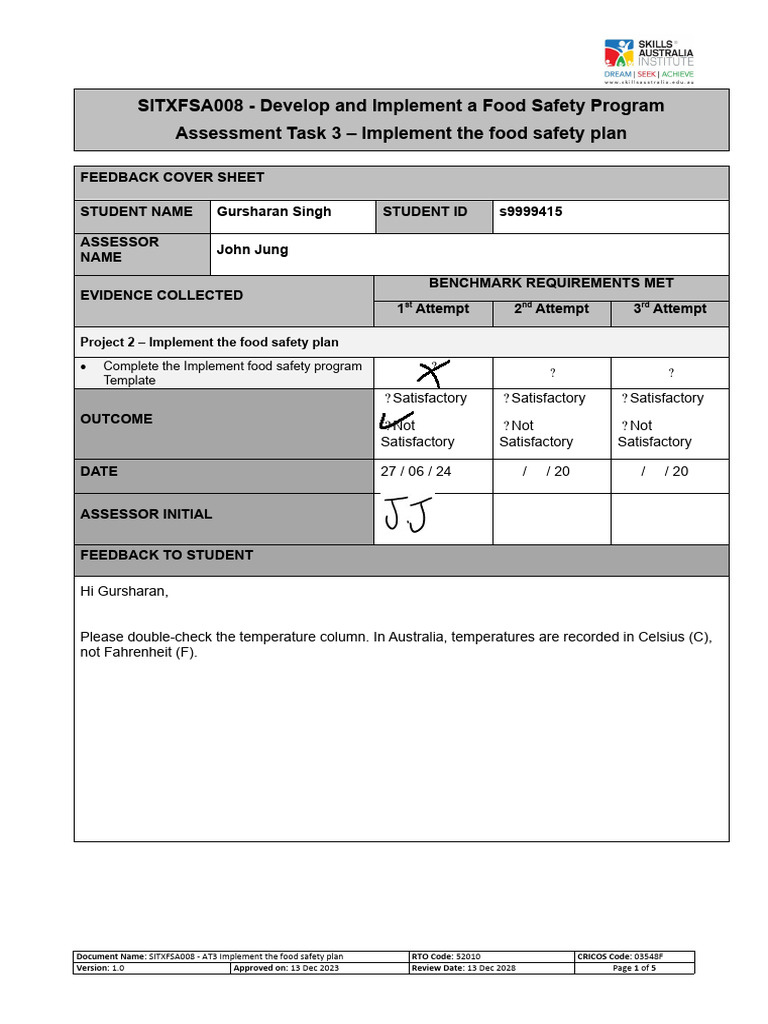 SITXFSA008 - AT3 Implement The Food Safety Plan | PDF | Cognition ...