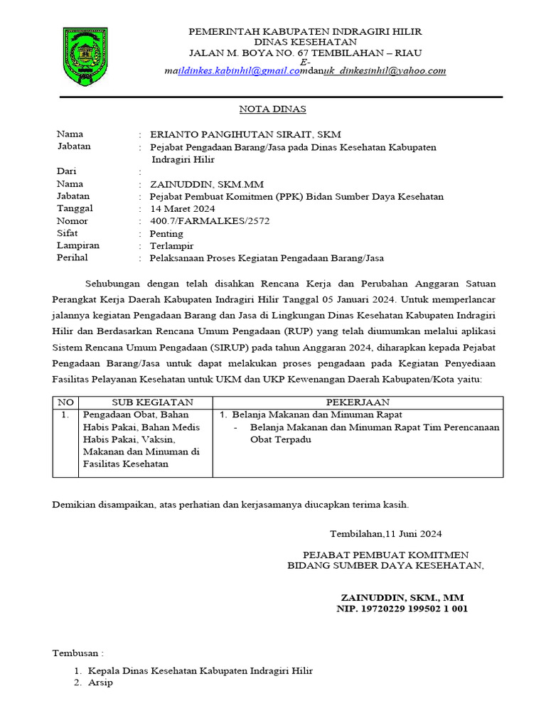 NOTA DINAS PPK KE PPBJ (Atk Rutin BHP) | PDF