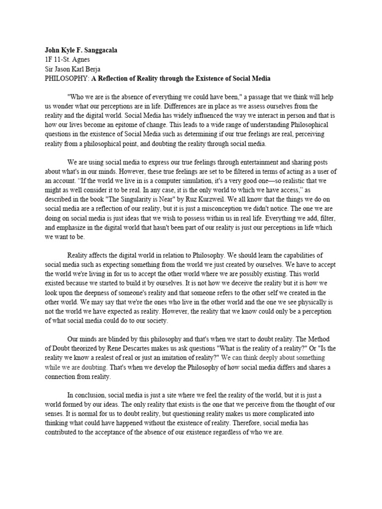 Philosophy - Reflection Paper | PDF | Reality | Existence