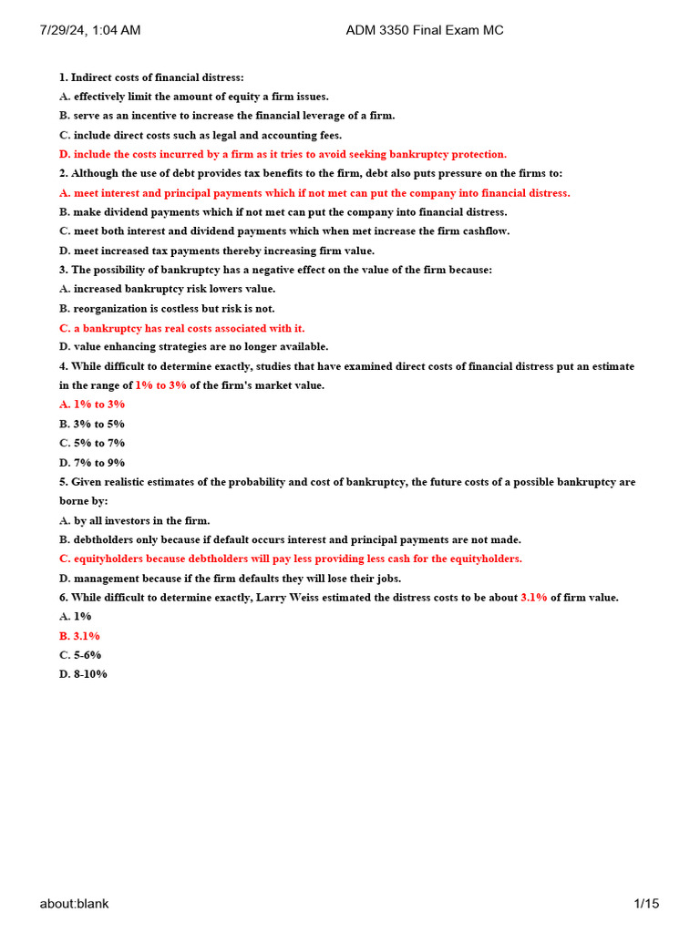 ADM 3350 Final Exam MC | PDF | Option (Finance) | Dividend