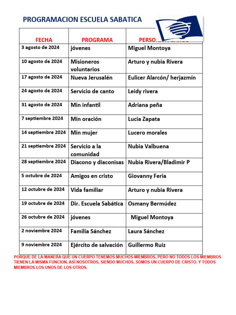 Programa Escuela Sabática 2024 | PDF | Religión y espiritualidad