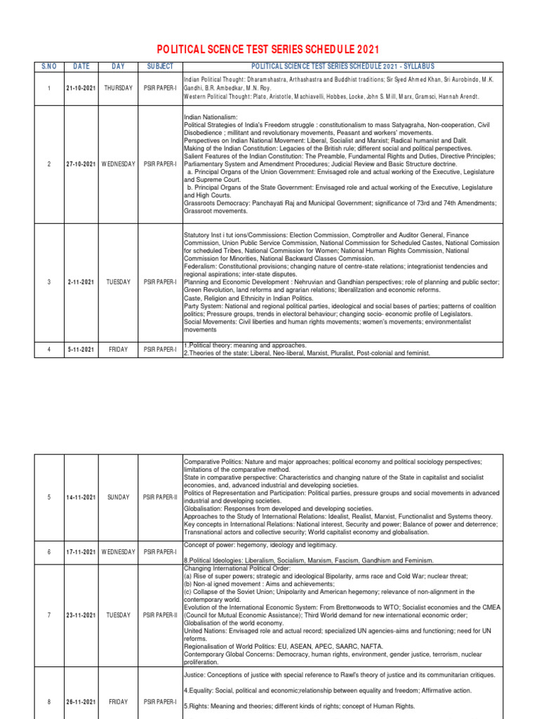 Political Science Schedul 2021 | PDF | International Relations | Marxism