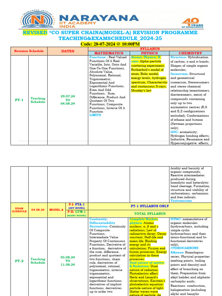 Revised - Starco Super Chaina (Model-A) Revision Programme Teaching&examschedule - 2024-25 ...
