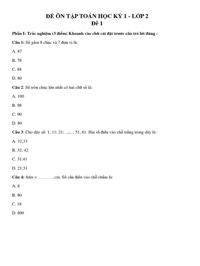 On Tap Toan HK1 Lop 2j | PDF