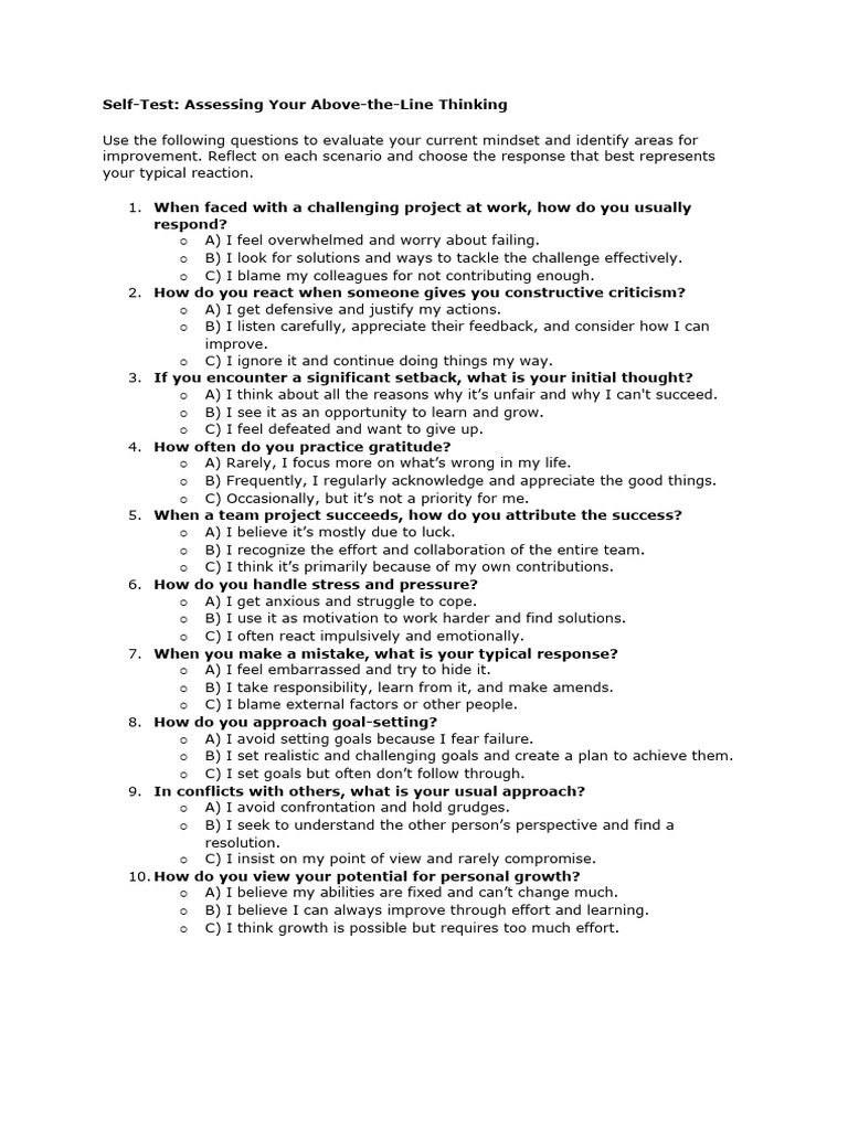 Above The Line Thinking Self Test | PDF | Thought | Mindset