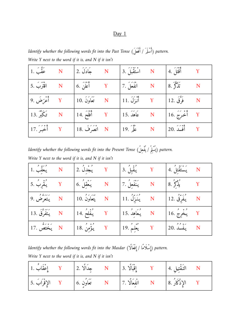 Sarf Workbook Day 1-5 Key | PDF | Syntactic Relationships | Linguistic ...