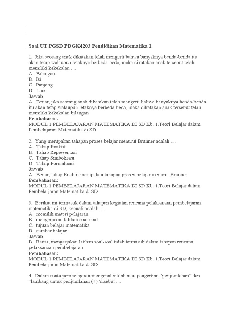 Soal UT PGSD PDGK4203 Pendidikan Matematika 1 | PDF | Seni | Komputer