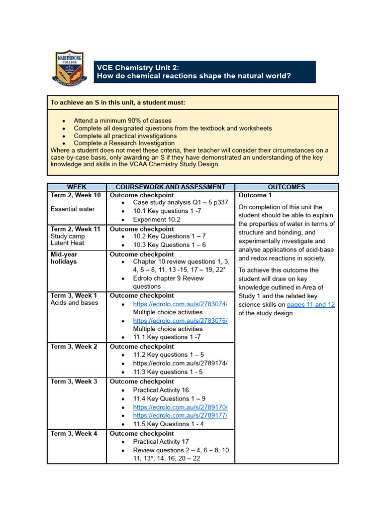 VCE Chemistry Unit 2 Checklist | PDF | Chemical Reactions | Chemistry