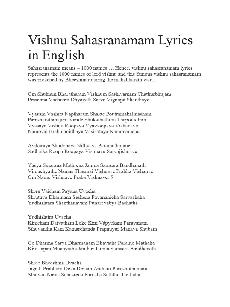 Vishnu Sahasranamam Lyrics New Edition | PDF | Hindu Gods | Hindu Deities