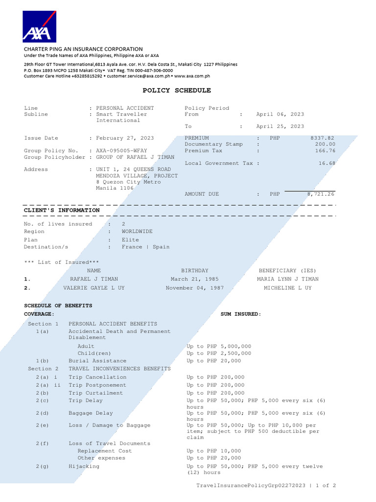 Smart Traveller Policy Schedule AXA-095005-WFAY | PDF | Insurance ...