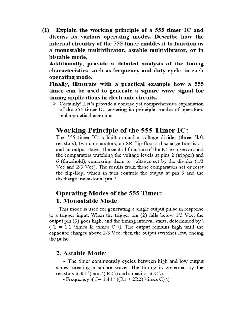 Explain The Working Principle of A 555 Timer IC and Discuss Its Various Operating Modes | PDF ...
