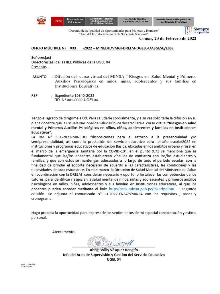 OFICIO Mult. Curso Virtual Del MINSA Riesgos en Salud Mental y Primeros Auxilios Psicológicos | PDF