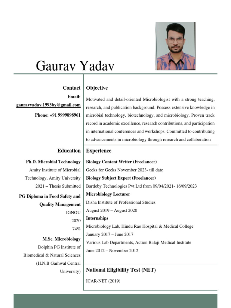 Gaurav Yadav CV | PDF | Gel Electrophoresis | Microbiology