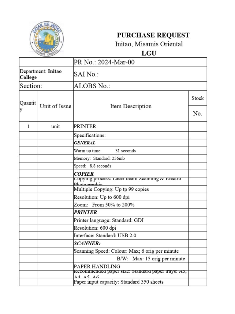 Purchase Request for Printer and Copier | PDF