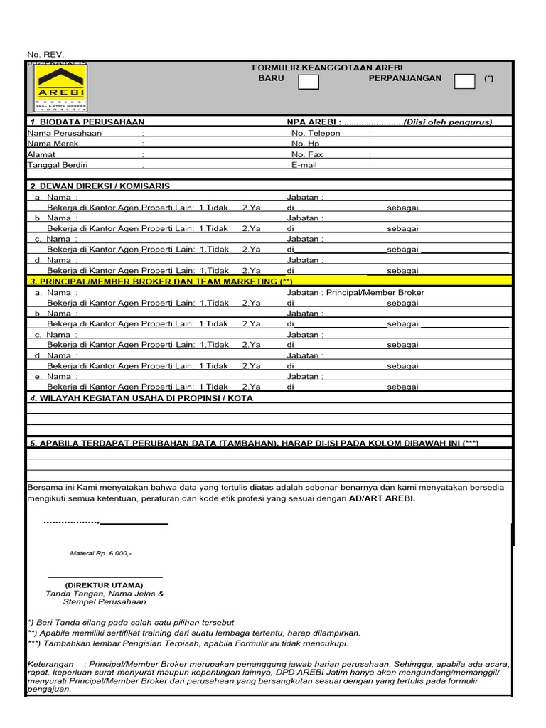 Formulir Keanggotaan DPD AREBI Jatim | PDF