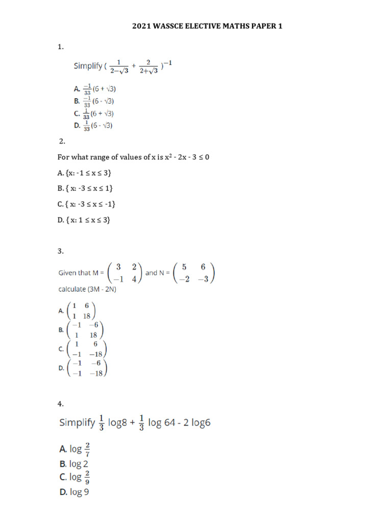 2021 Wassce Elective Maths Paper 1 | PDF | Mathematics