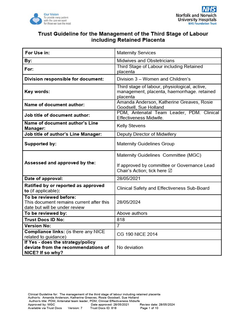 Third Stage Labour Management Guidelines | PDF | Childbirth | Human ...