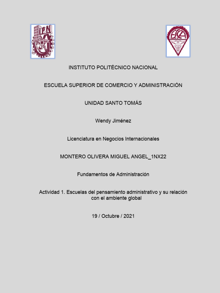 U1 - Act1 - Escuelas Del Pensamiento Administrativo | PDF | Economias