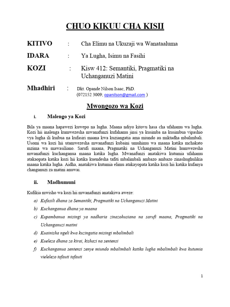 Mwongozo Wa KISW 412, Semantiki, Pragamtiki Na Uchanganuzi Matini | PDF