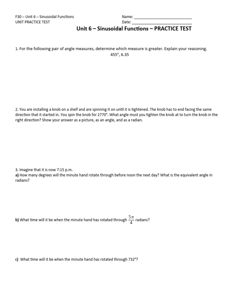 Unit 6 Practice Test | PDF | Trigonometric Functions | Mathematical ...