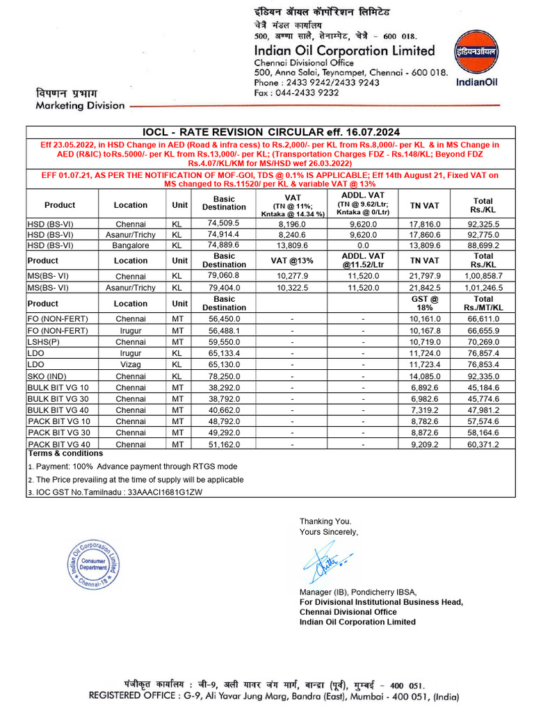 IOCL PRICE CIRCULAR 16-07-2024 Incl Bangalore & LSHS PDF | PDF | Sales ...