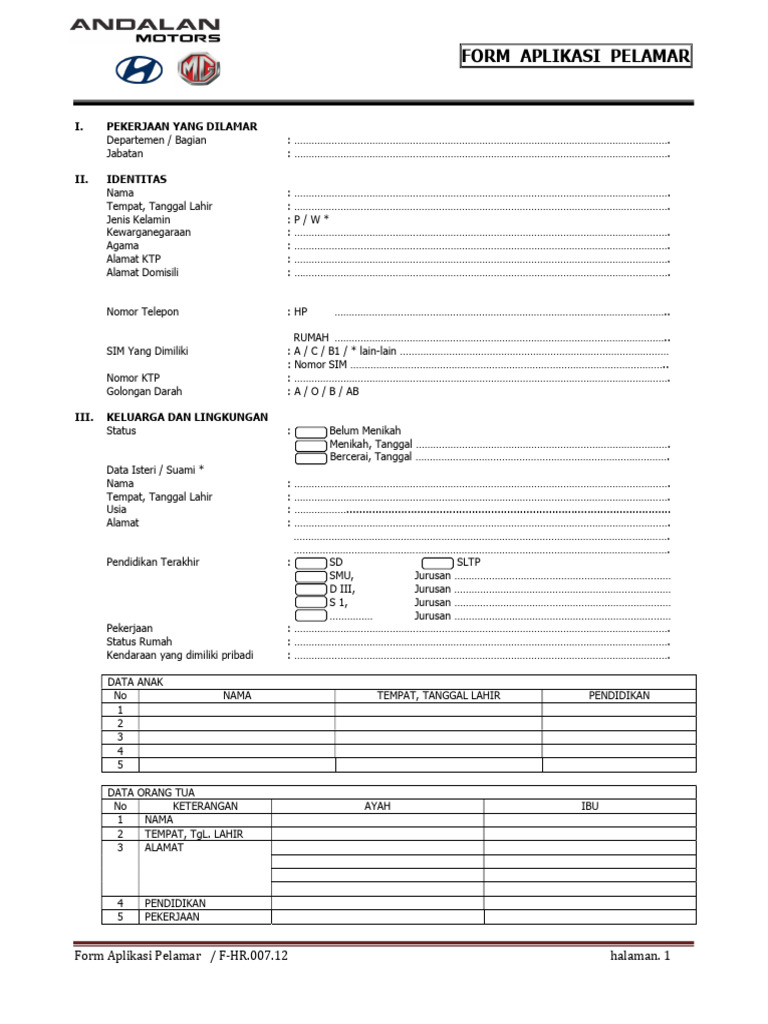 Form Aplikasi Pelamar Andalan | PDF