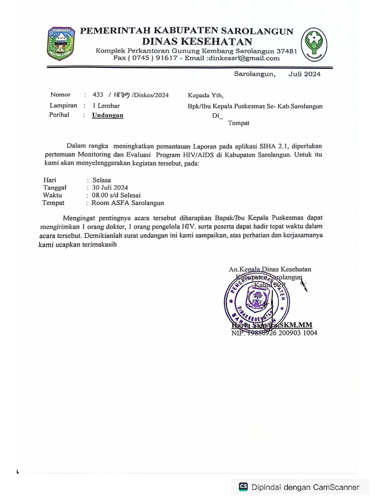 Undangan Monev HIV Dinas Kesehatan | PDF