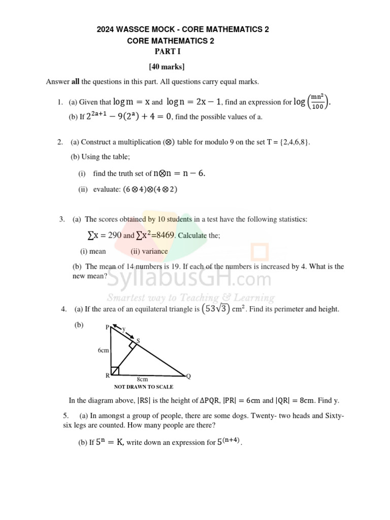 WASSCE Core Math Exam Prep | PDF | Logarithm | Area