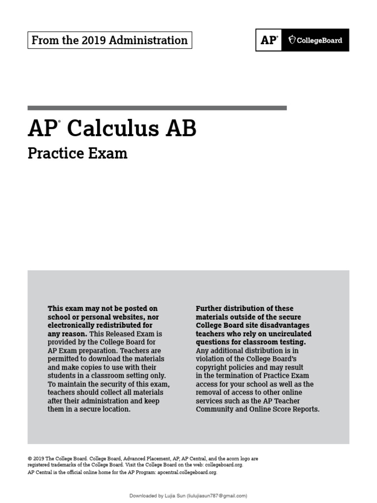 2019 Ap Calculus Ab Pdf Function Mathematics Trigonometric