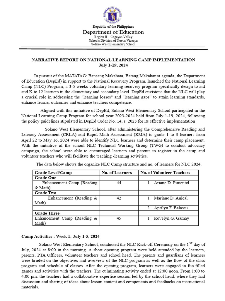 NLC School Narrative Report | PDF | Teachers | Learning