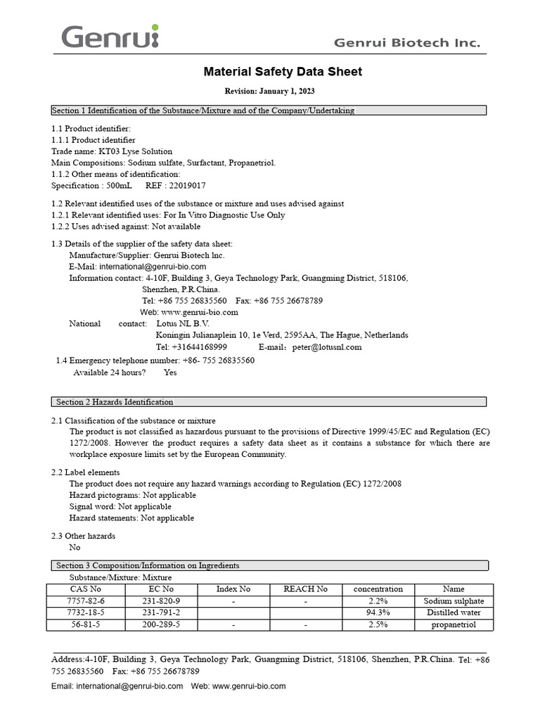 MSDS of KT03 Lyse Solution | PDF | Dangerous Goods | Toxicity