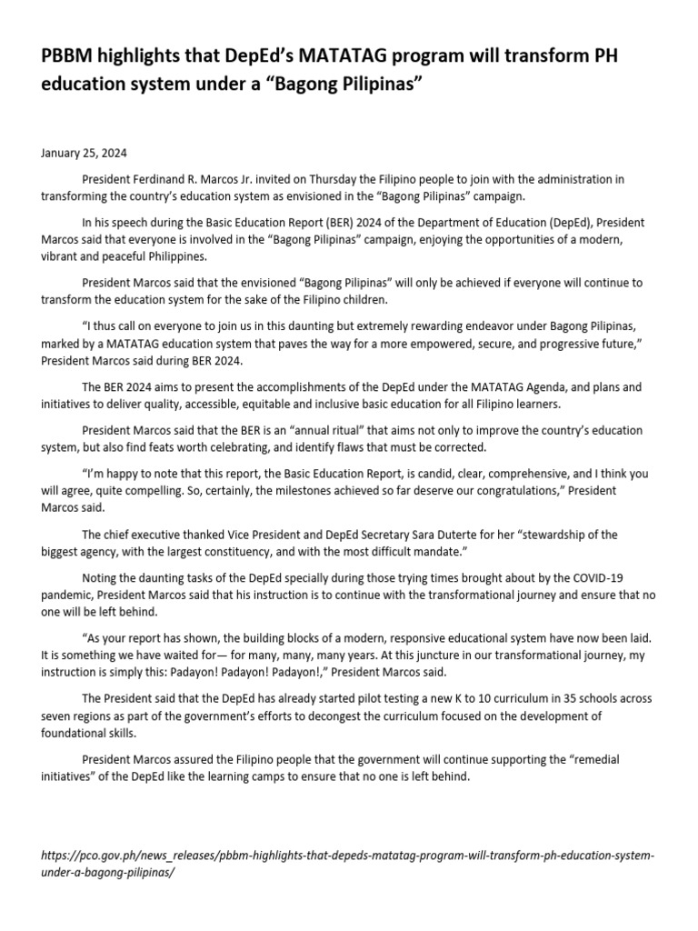 PBBM Highlights That DepEd | PDF