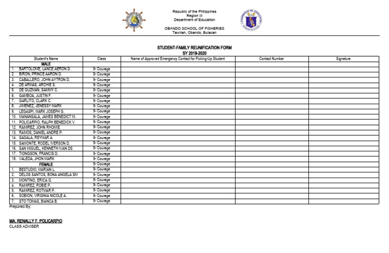 STUDENT-FAMILY REUNIFICATION FORM Courage | PDF