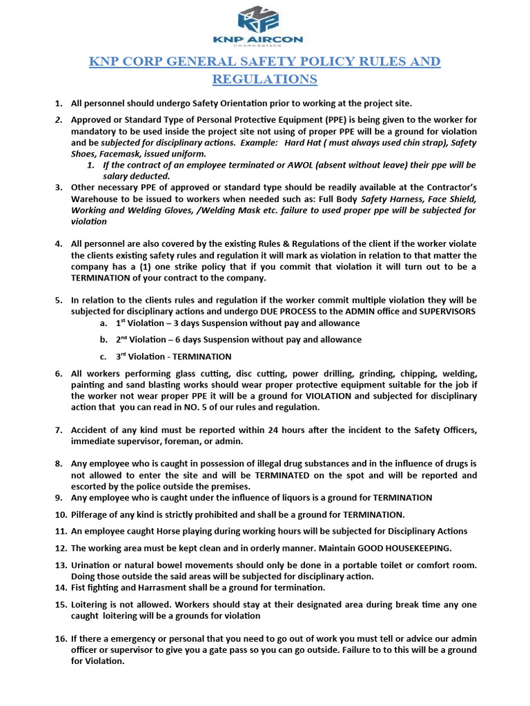 KNP Corp General Safety Rules and Regulations | PDF | Personal ...