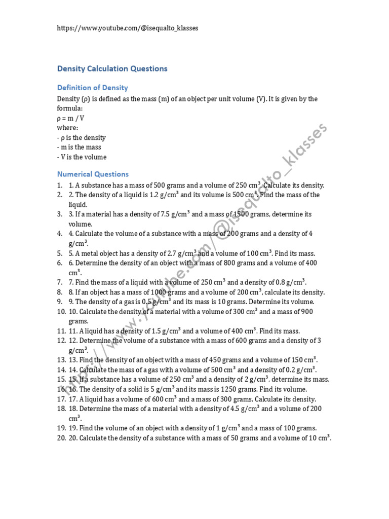 Density Calculations Questions | PDF