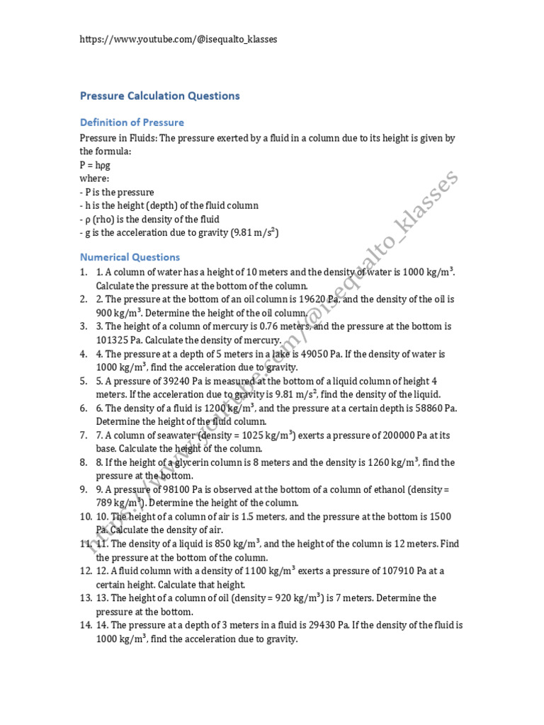 Pressure - Calculations - Questions P Hrhog | PDF | Pressure | Density