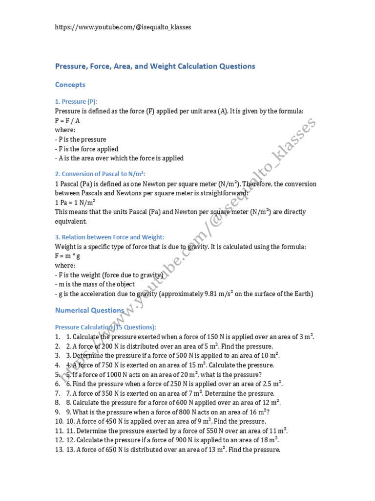 Pressure Force Area Weight Calculations Pdf Force Weight