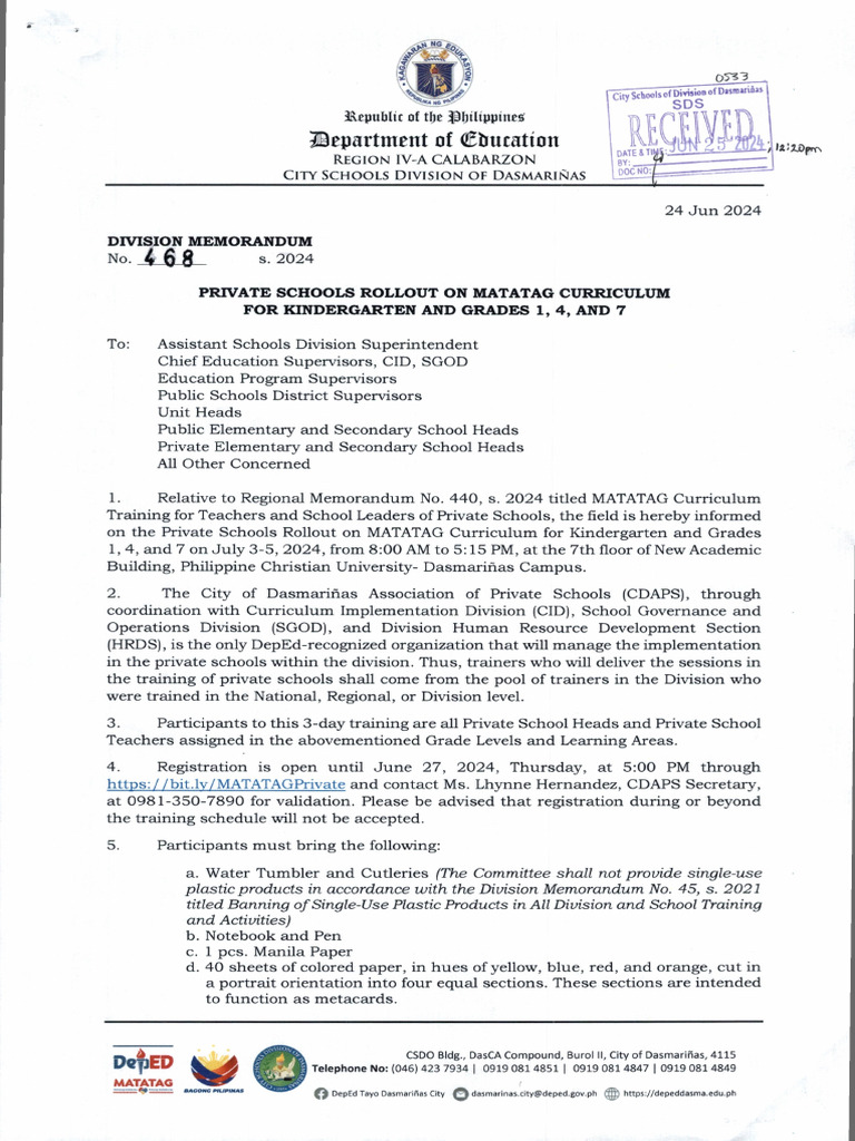 0533 Division Memorandum No. 468 S. 2024 | PDF | Curriculum