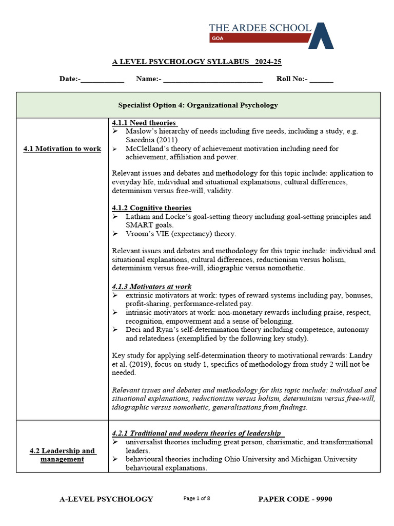 A Level Psychology Syllabus 2024 | PDF | Job Satisfaction | Motivational
