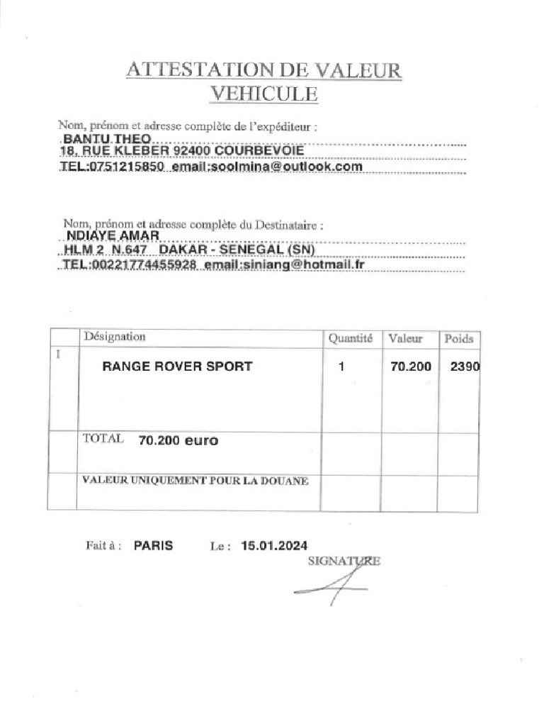 Attestation de Valeur | PDF