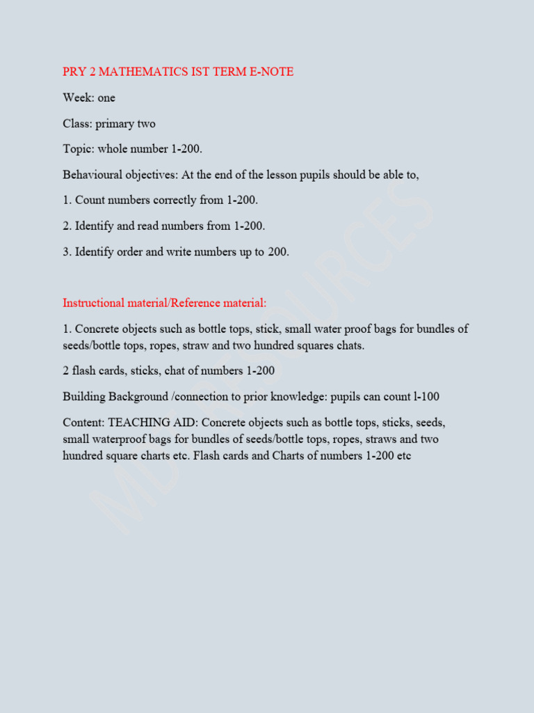 PRY 2 Maths First Term Enote | PDF | Multiplication | Mathematical Notation